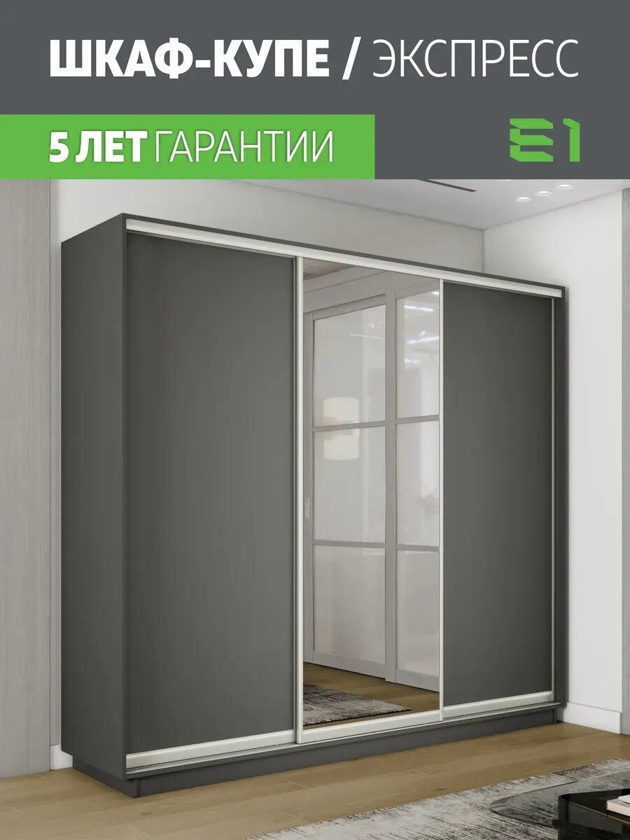 Шкаф-купе Е1 Экспресс трехдверный, 2 лдсп/зеркало, 210х60х240, темно-серый