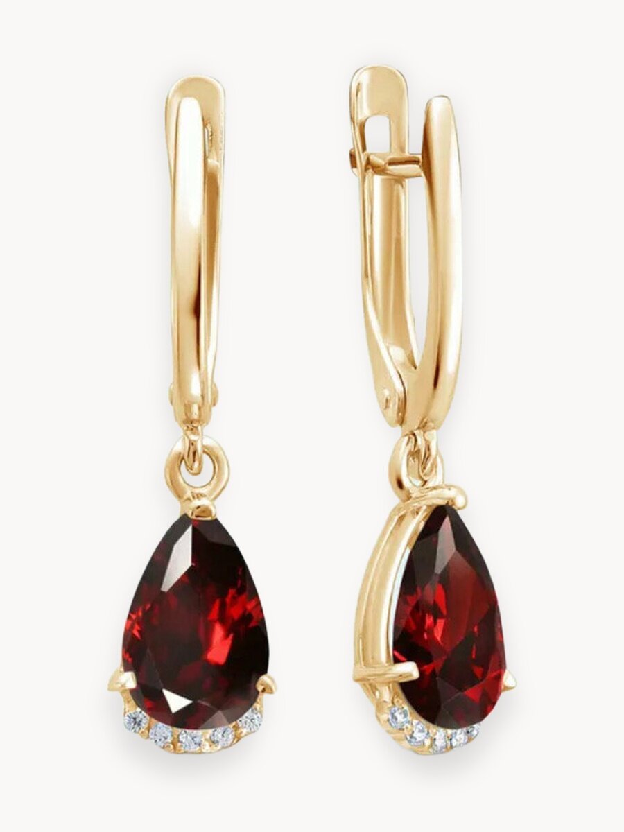Серьги с подвесками, серебро, 925 проба, золочение, фианит, гранат синтетический