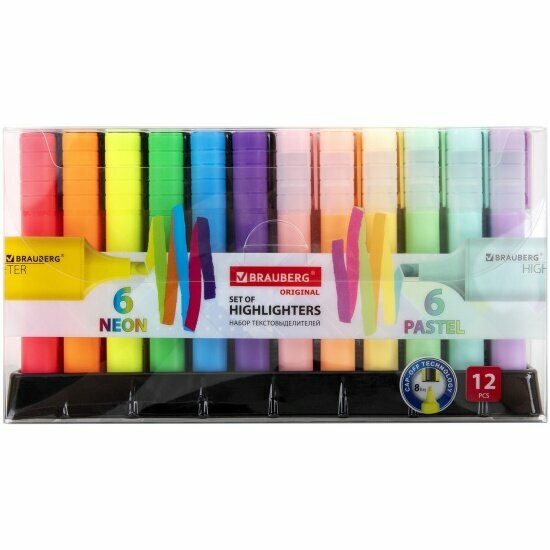 Набор текстовыделителей Brauberg 12 цветов на подставке, "ORIGINAL NEON", линия письма 1-5 мм, 152217