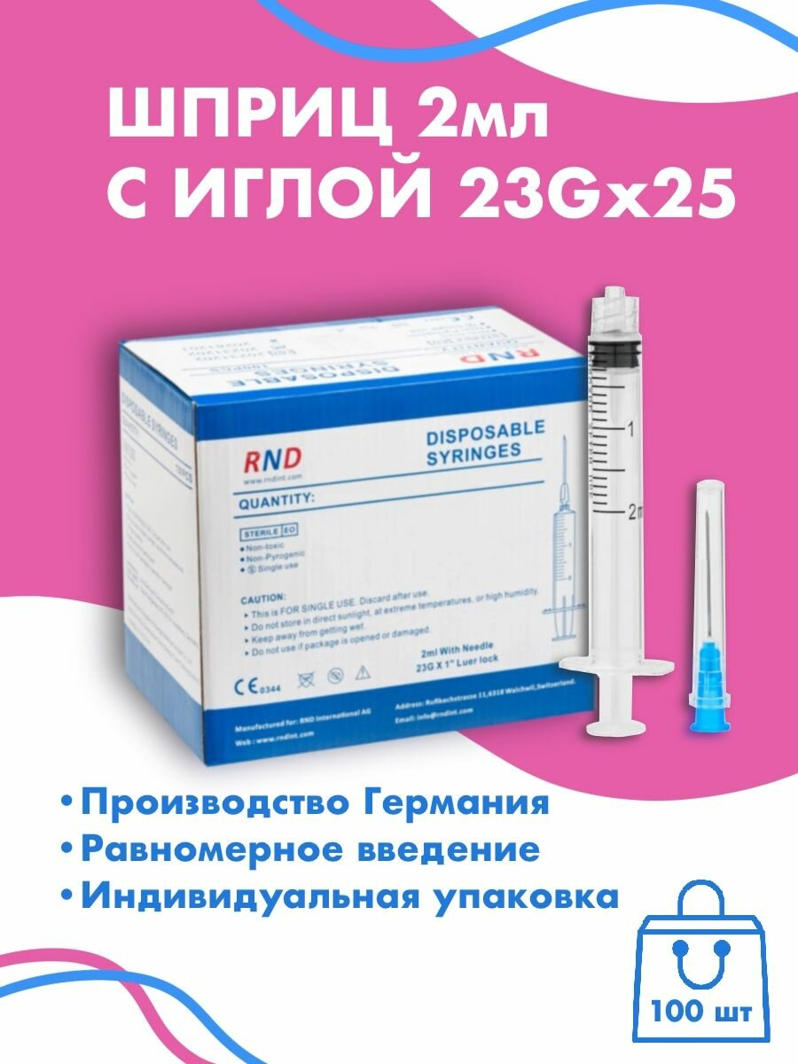 Шприцы Luer Lock с иглой 2 ml 100 шт