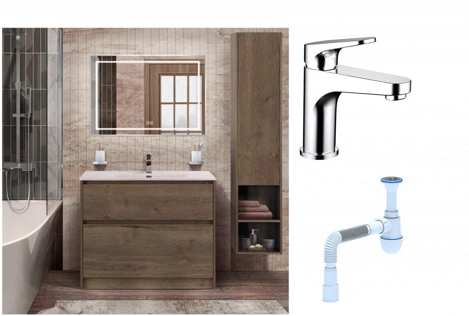 Комплект: Мебель для ванной BelBagno Kraft 100 + Смеситель Bravat Eler F1191238CP-RUS для раковины, хром + Сифон АниПласт 533340 + SNPF1191238CP-RUS + C2015xrv