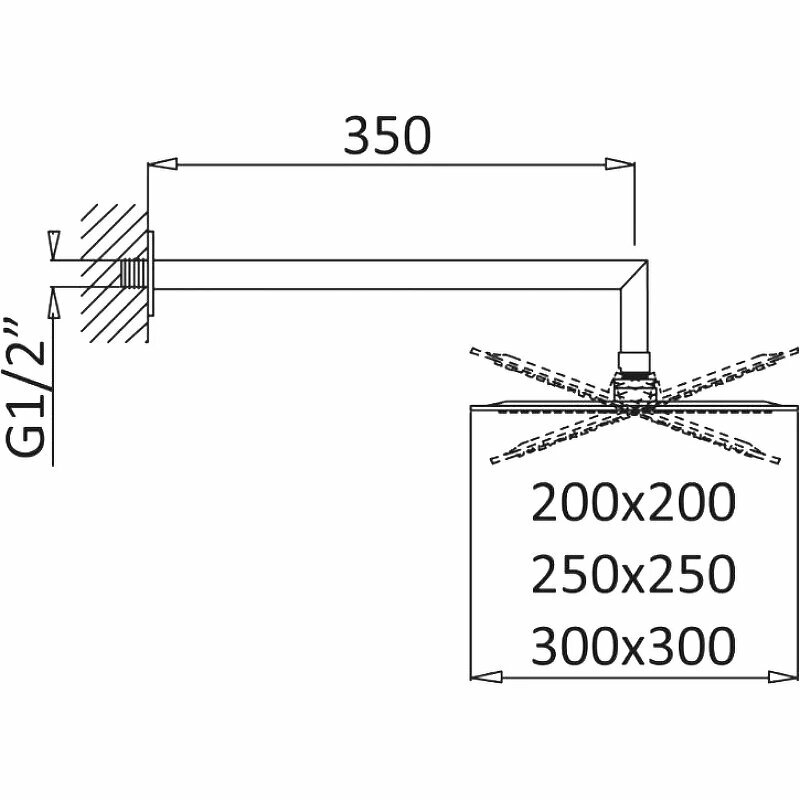 PORTA-TDDQ-BIO Верхний душ квадратный 200x200мм с кронштейном 350 мм исполнение белый матовый