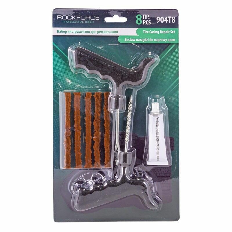Набор инструментов для ремонта шин 8пр.(шило, протяжка, шнуры-5шт, клей), в блистере ROCKFORCE