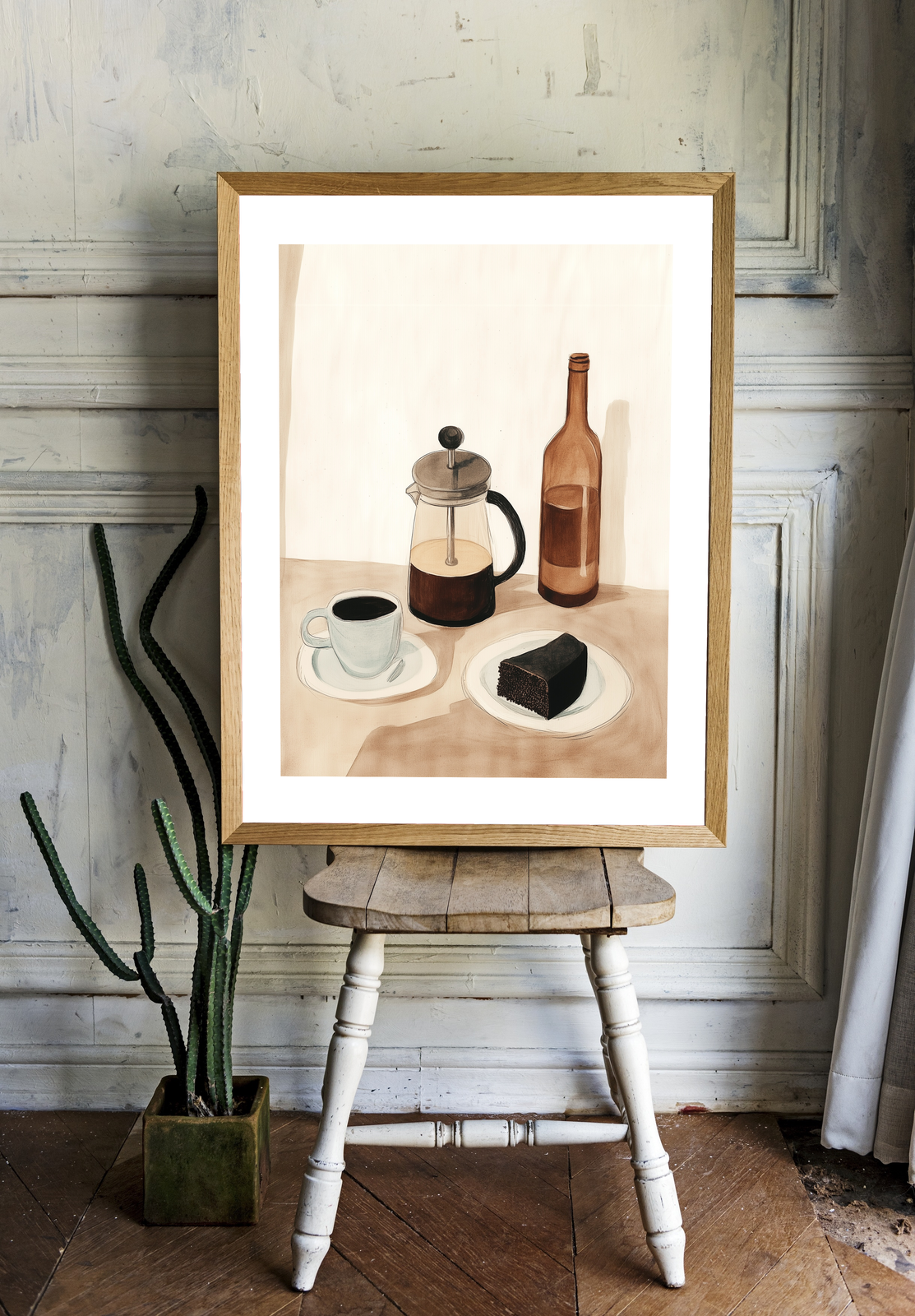 Постер "Кружка кофе, вино и шоколадный торт" 40x50 см в подарочном тубусе