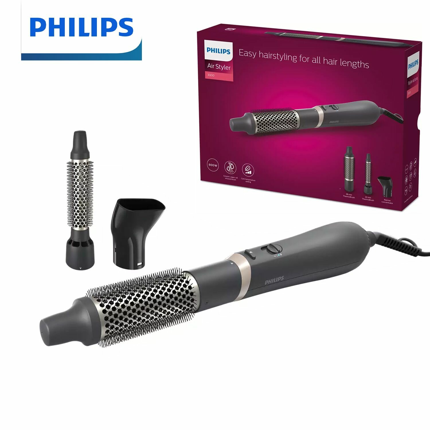 Philips Фен для волос С воздушным обдувом 800 Вт, скоростей 2, кол-во насадок 3, серый