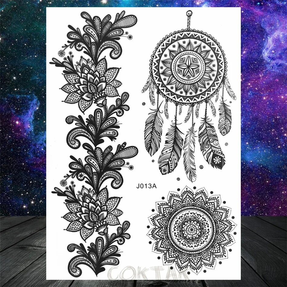 Временные татуировки COKTAK CBJ013A: лотос, Dreamcatcher, мандала