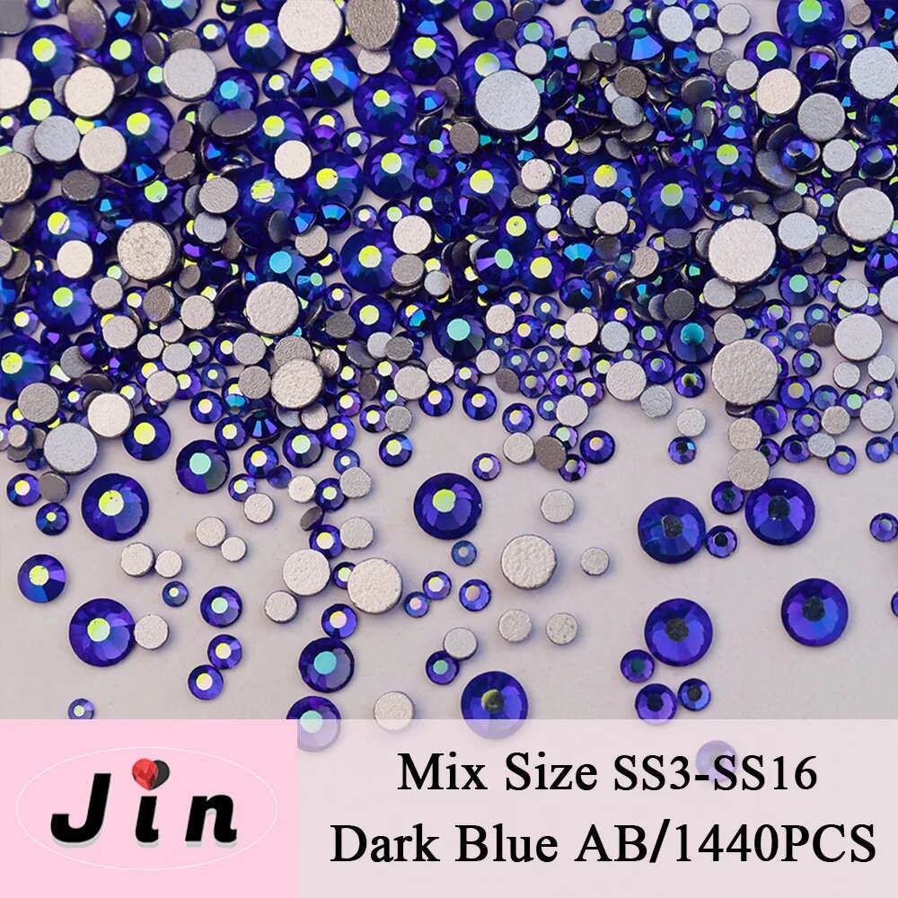 Стразы стеклянные черные JIN SS3-SS16 для декорирования Темно-синий, Dark blue AB