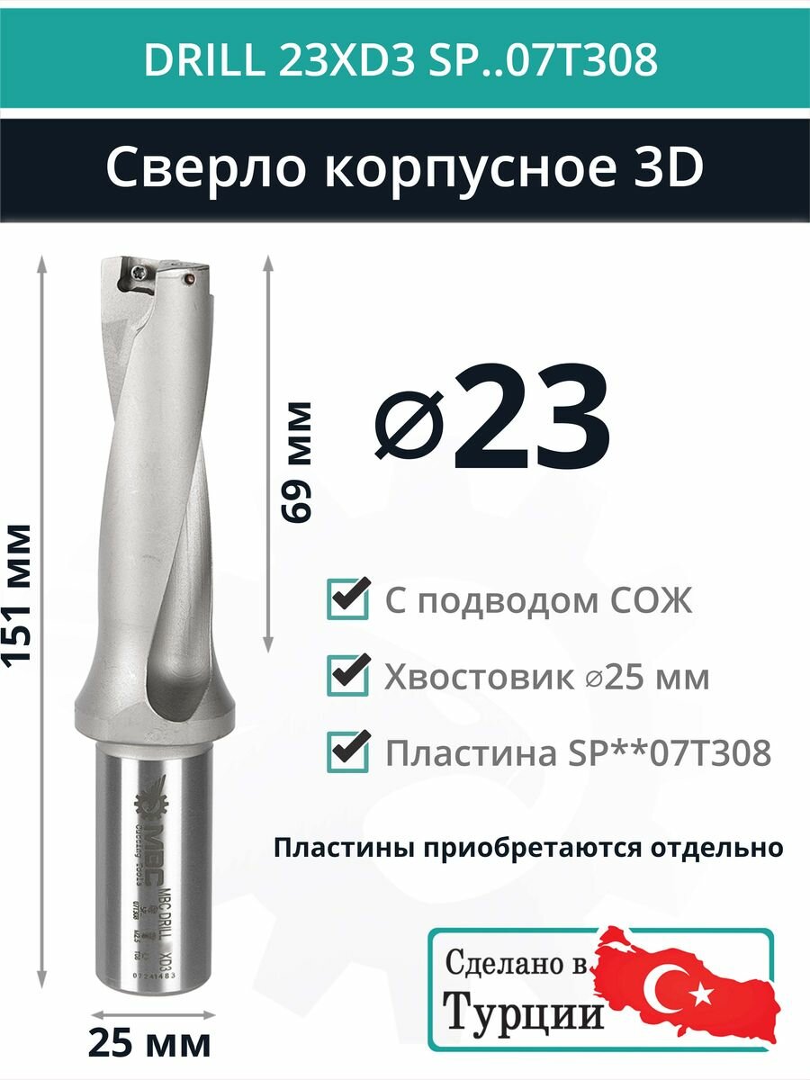 DRILL 23XD3 SP.07T308 сверло корпусное - 23 мм / пластина SPMX 07T308; SPMT 07T308