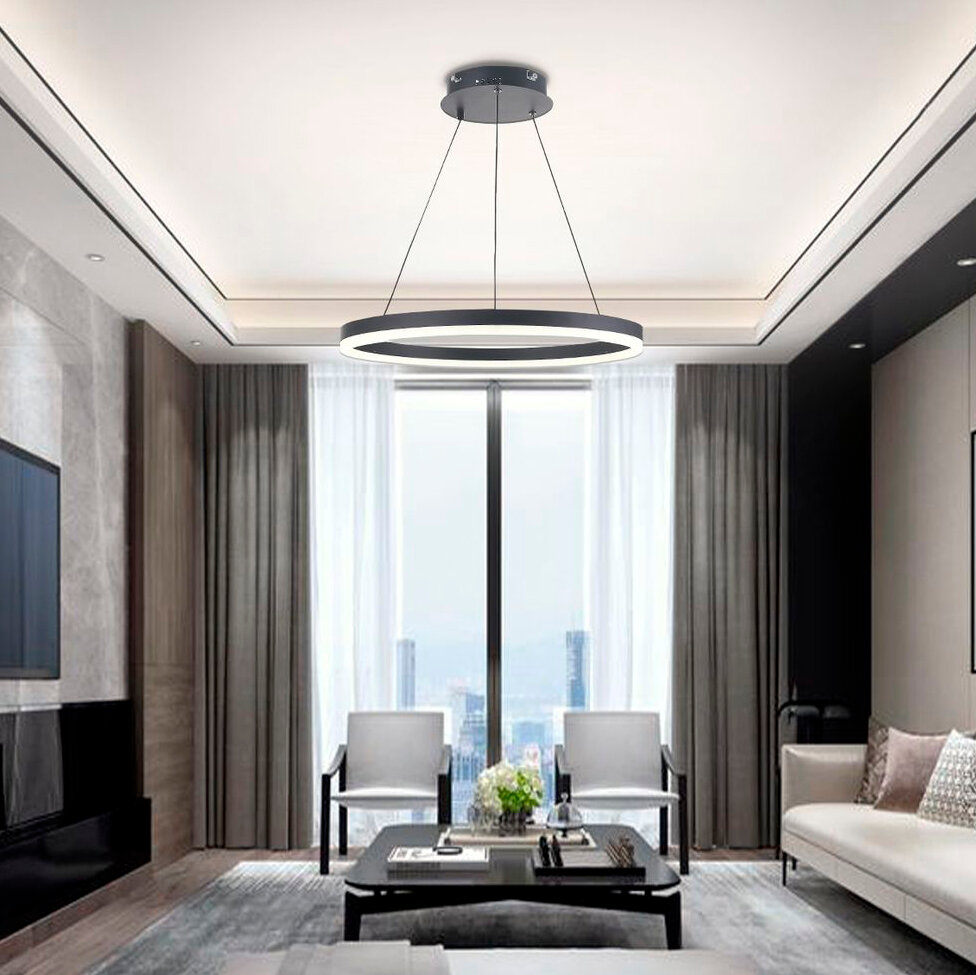 Подвесной светильник светодиодный с плафоном кольцо черный, диаметр 60 см