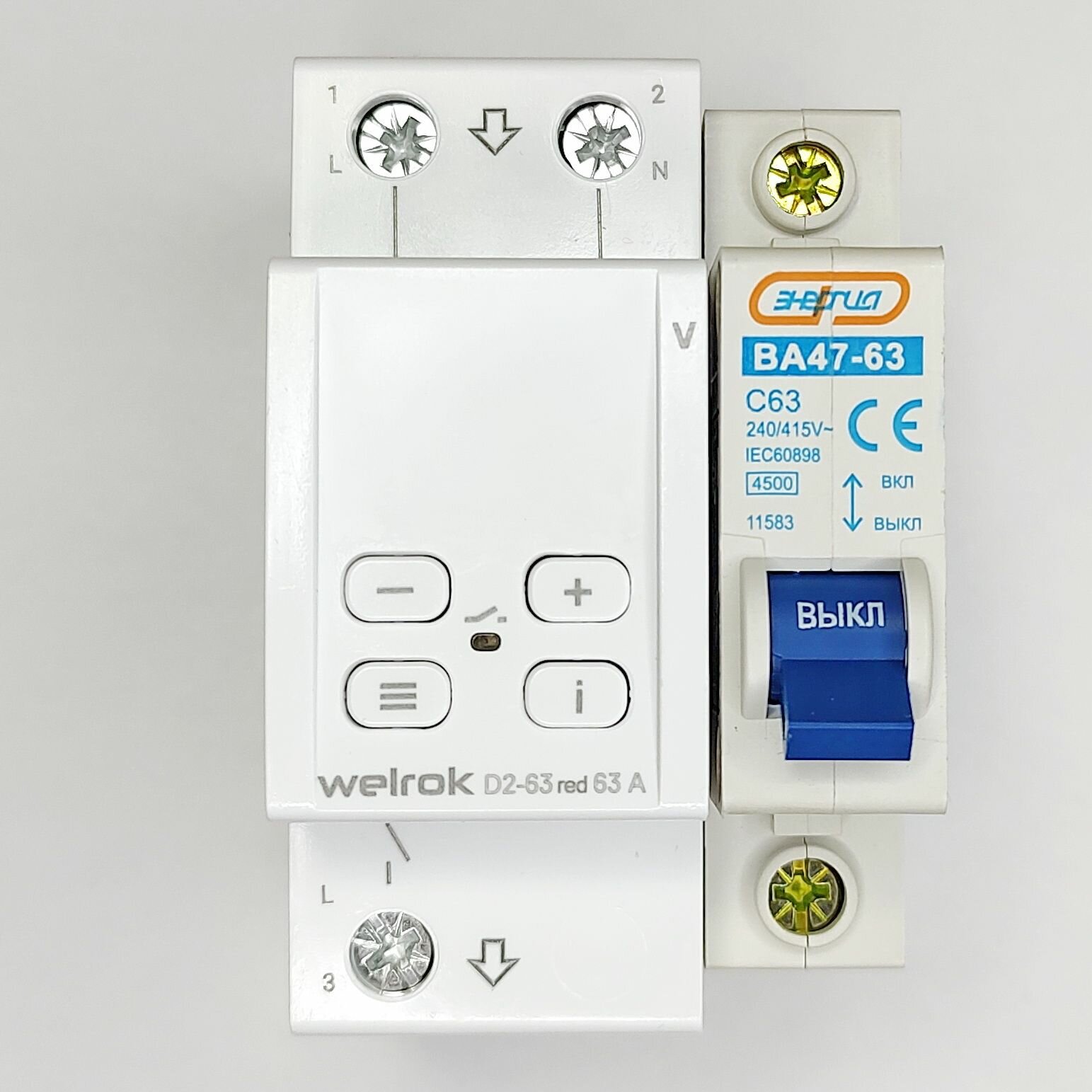 Комплект реле контроля напряжения Welrok (RBUZ) D2-63 red 63А + АВ 1п 63А