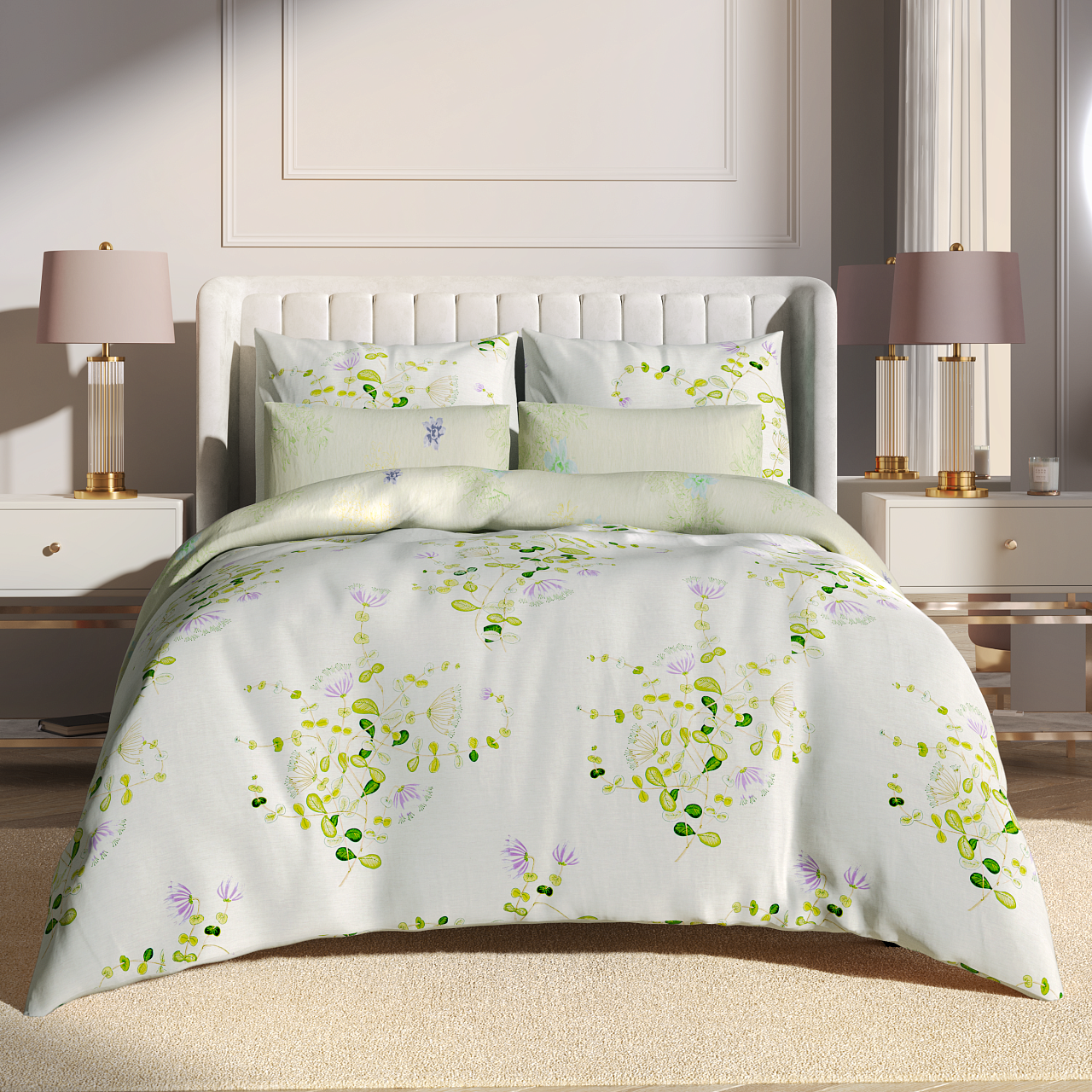 Комплект постельного белья 2-спальный Гармоника "Цветочный ноктюрн", 4 наволочки, сатин (хлопок 100%), молочный, Ecotex