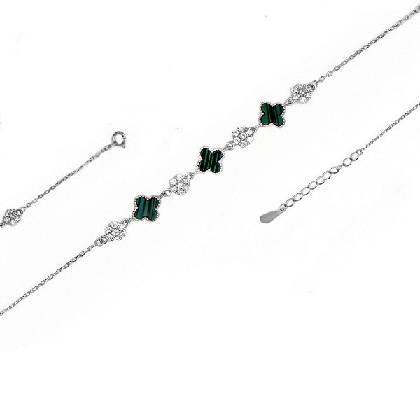 Браслет-цепочка, серебро, 925 проба, фианит, малахит