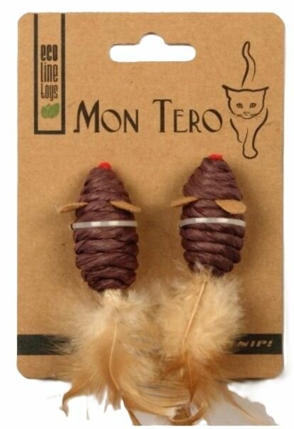 Mon Tero Игрушка для кошек Мышь с перьями, с кошачьей мятой, фиолетовая, 5 см, 2 шт/уп