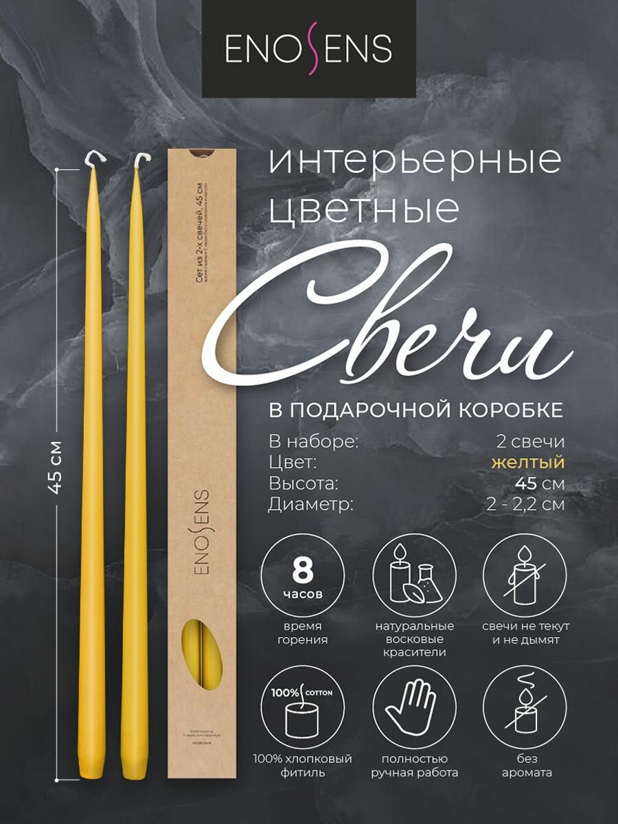 Свечи декоративные Enosens, набор свечей интерьерных 45х2,2см, 2 шт Огни ночного города, желтые свечи, конусные высокие свечи 45см, свечи высковые высокие, интерьерные свечи для дома и праздников, подарочный набор свечей, свечи в подарочной коробке