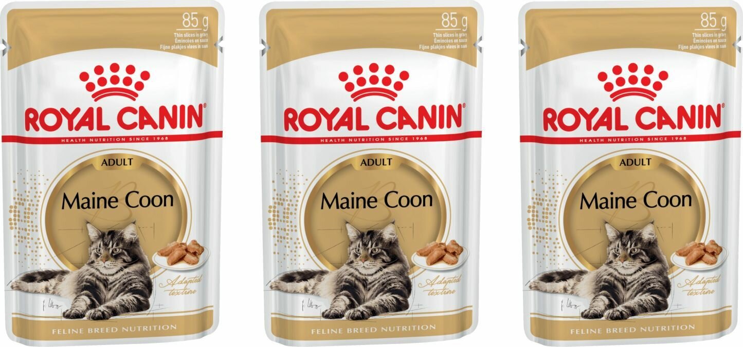 ROYAL CANIN MAINE COON ADULT влажный корм кусочки в соусе для кошек породы Мейн-кун старше 15 месяцев ,85 г, 3шт