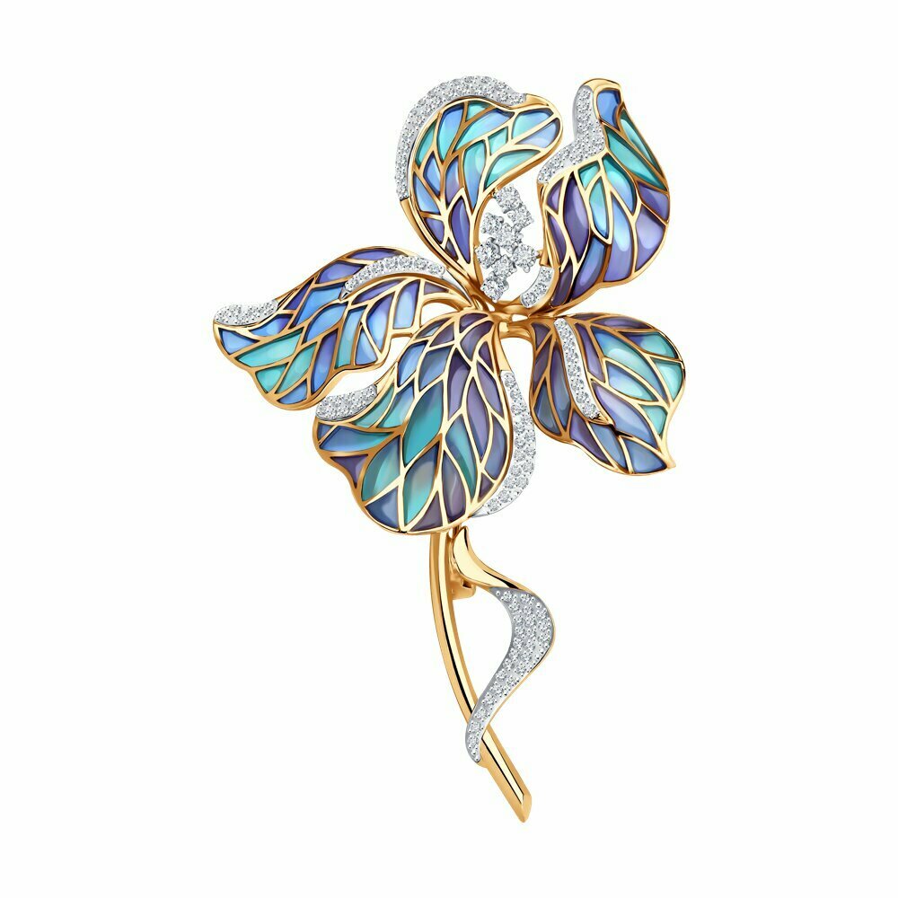 Брошь, красное золото, 585 проба, бриллиант, эмаль