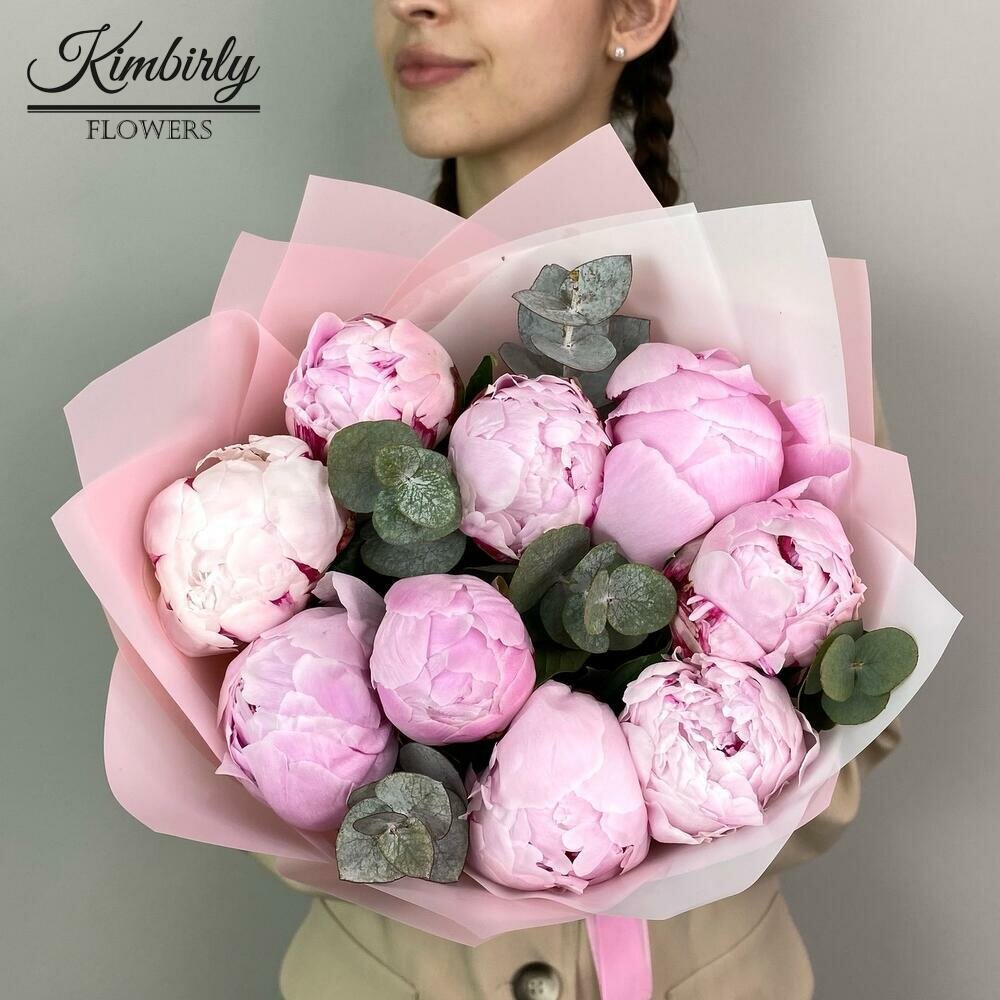 Пионы букет, 9 штук, Сара Бернар, эвкалипт, арт 299 Kimbirly Flowers