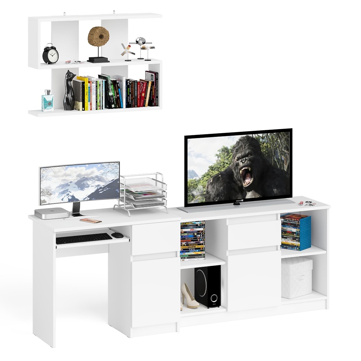 Открытая полка СВК Мори 900 с компьютерным столом МС-1 правый и тумбой 1204-1 белый