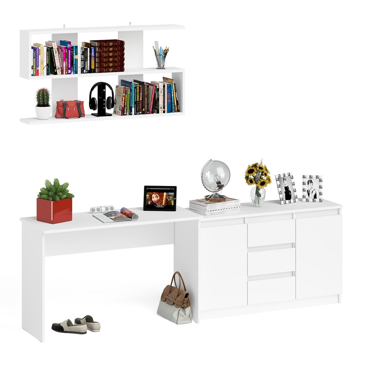 Стол письменный СВК Мори 1200 с открытой полкой и тумбой-комодом цвет белый