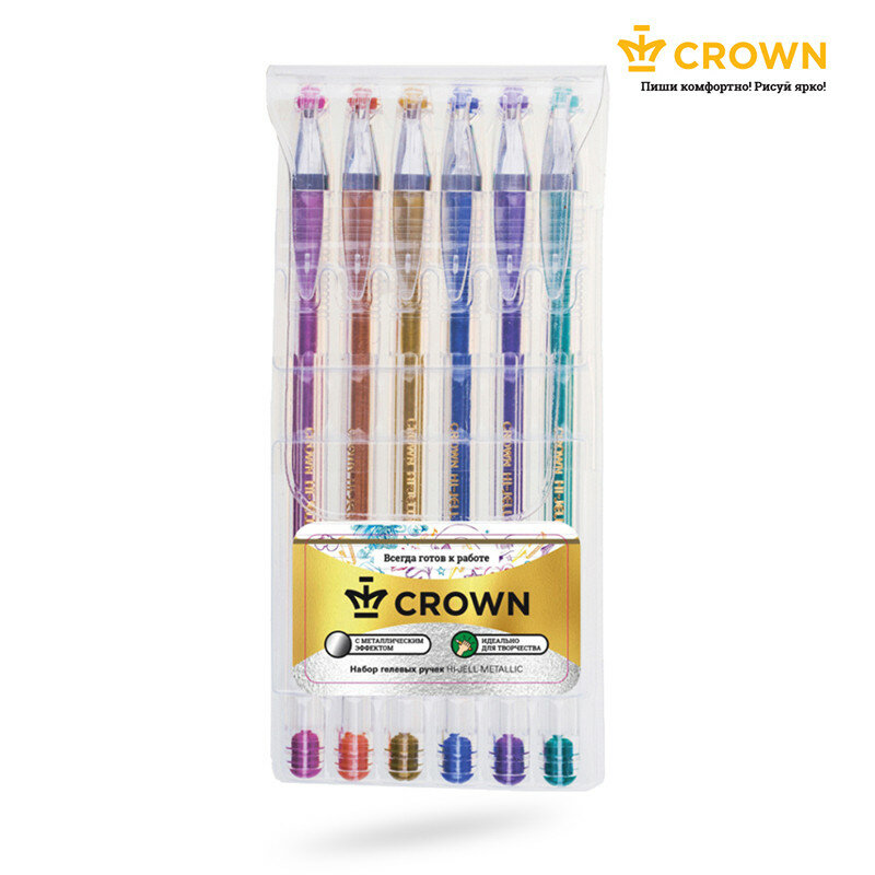 Набор гелевых ручек Crown "Hi-Jell Metallic" 6шт, 06цв, 0,7мм, металлик, ПВХ уп, европодвес, 095176