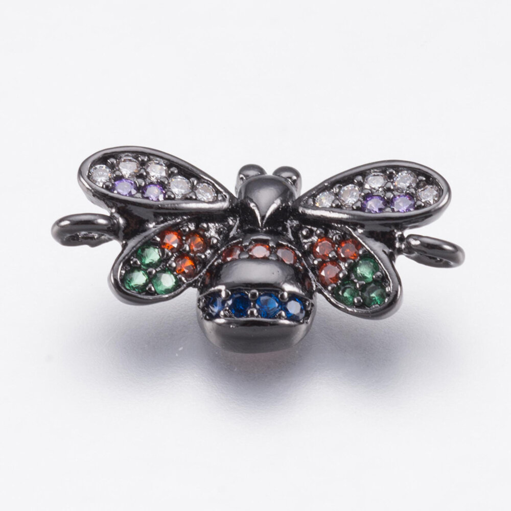 Коннектор 19х10х5мм, Milano, насекомое, Шмель, с разноцветными фианитами, базовый материал - латунь, вороненая сталь, 1 шт.