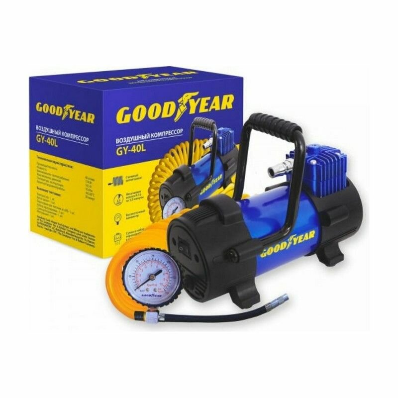 Компрессор Goodyear GY-40L, 40 л/мин со съемной ручкой, съемный витой шланг, сумка