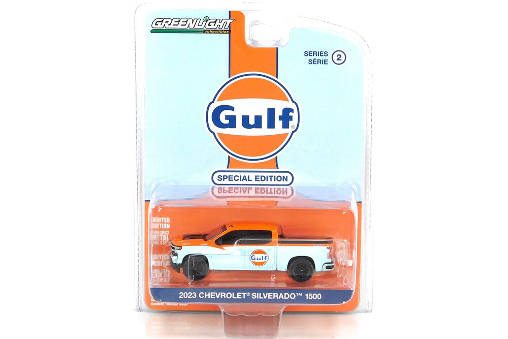 Модель коллекционная Chevrolet silverado 1500 Z71 lt trail boss пикап "gulf oil" 2023 blue/orange (длина модели 6-10 см)