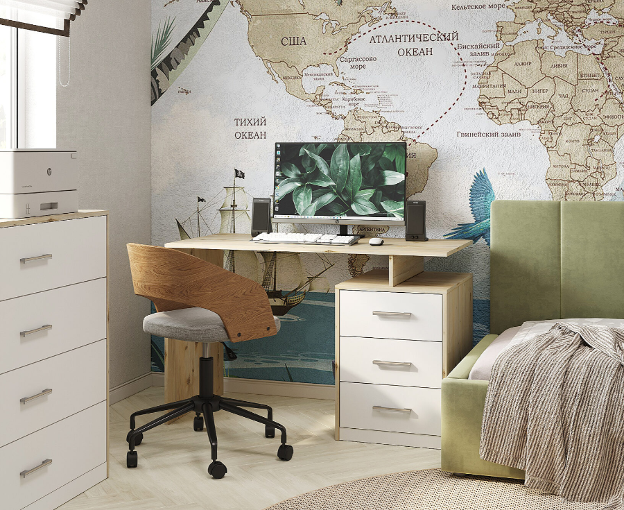 Стол письменный "Милана" 120х60х76 см с тремя ящиками, цвет дерева , белые фасады, универсальная сборка