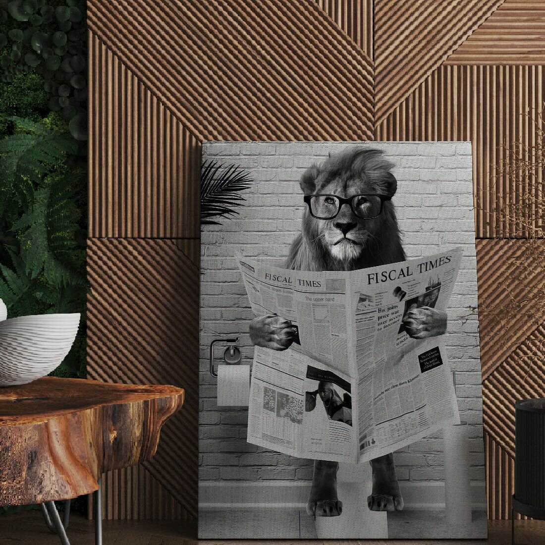 Картина на стену 50х70 Лев с газетой в туалете смешные животные