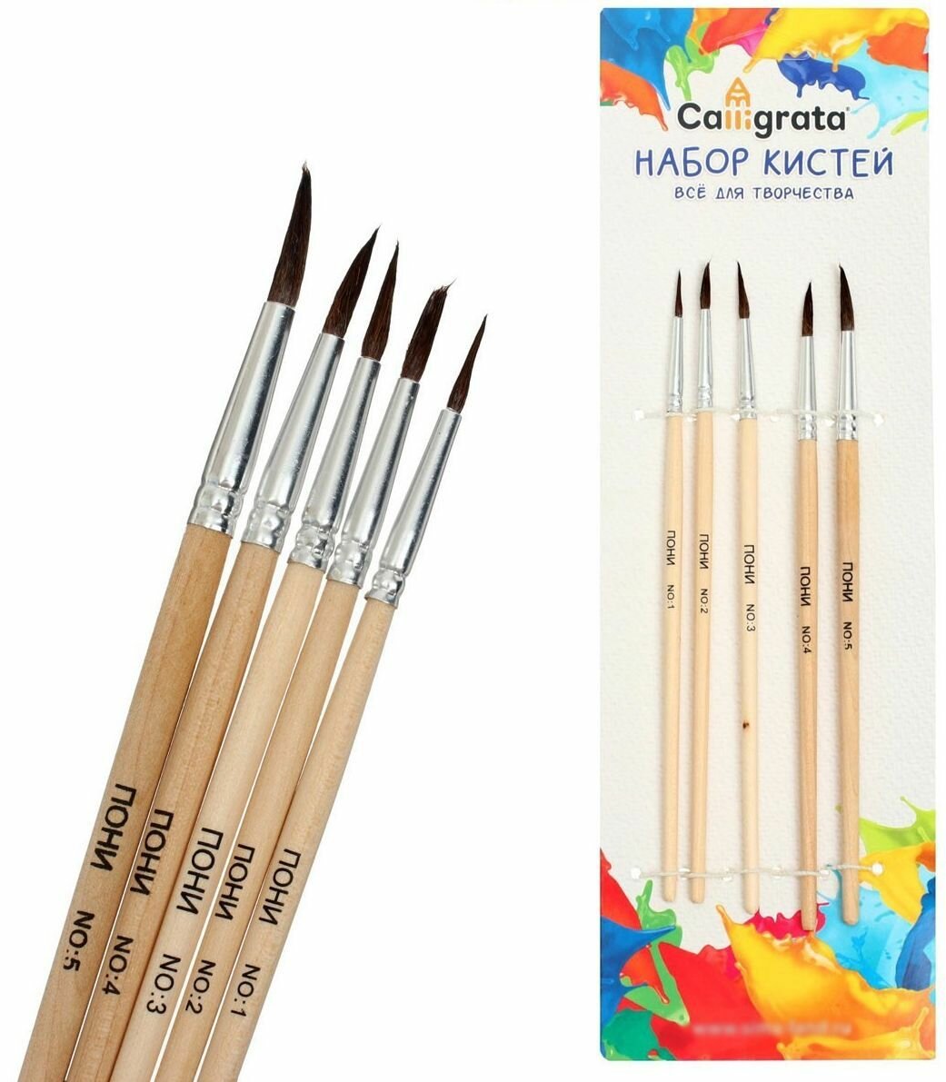 Набор круглых кистей Пони для рисования красками, кисточки из натурального ворса с деревянными ручками, канцелярия для школы, творчества, 5 штук