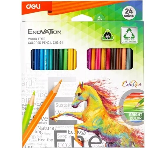 Цветные карандаши DELI Enovation EC113-24 трехгранные пластик 24 цвета коробка/европодвес 24 шт, 12 упак 1504248
