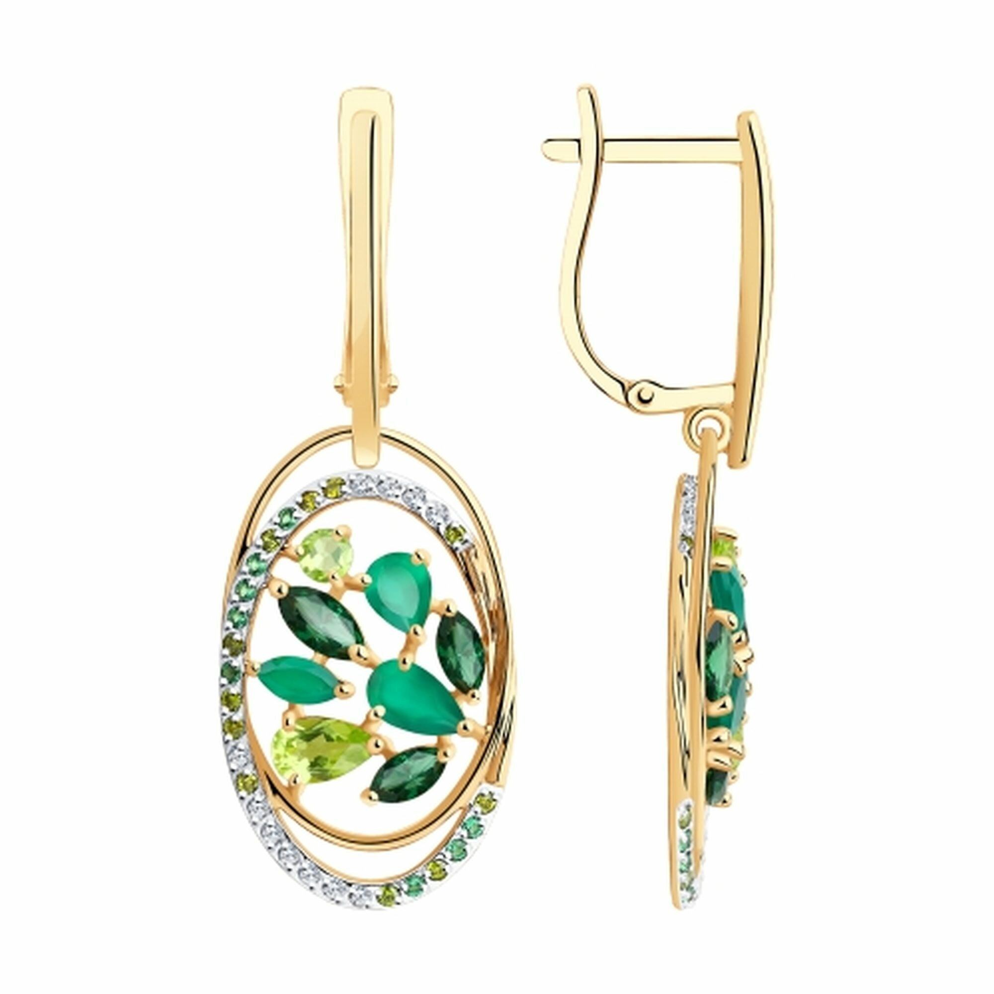 Серьги, красное золото, 585 проба, турмалин, агат, фианит, хризолит