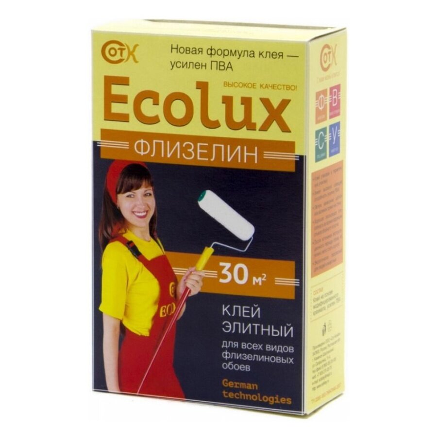 Клей обойный "ECOLUX" флизелин 0,25 кг - не образует комков, идеальное скольжение обойного полотна, отличная противогрибковая защита, хорошо растворяется в холодной воде.
