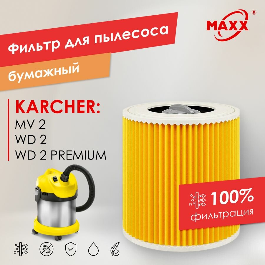 Патронный фильтр PRO бумажный для пылесоса Karcher WD 2, WD 2 Premium , MV 2
