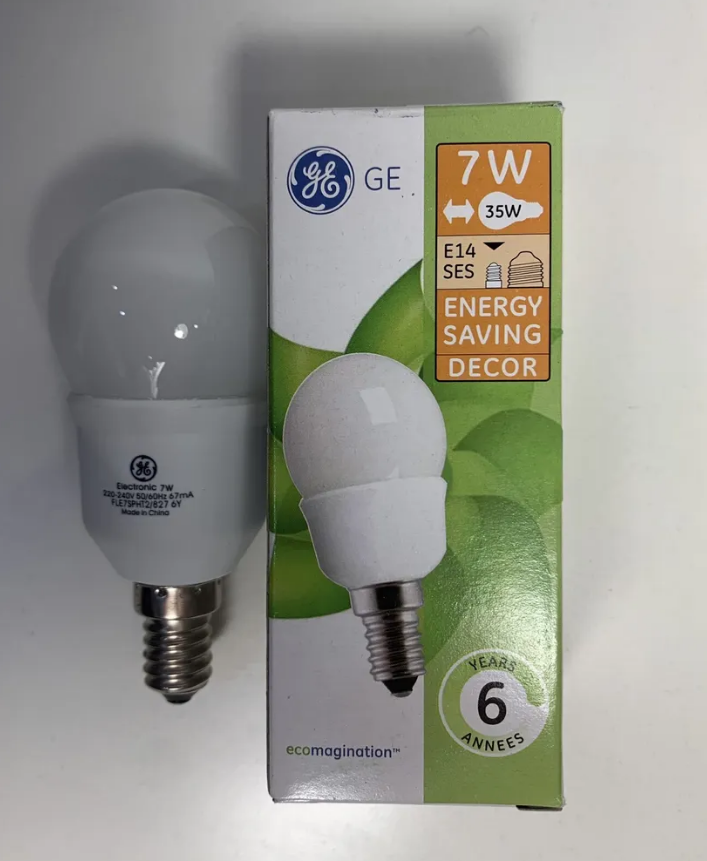 Лампы люминесцентные "шарик" DECOR General Electric E14 7W 2700K (теплый белый свет), 5 штук