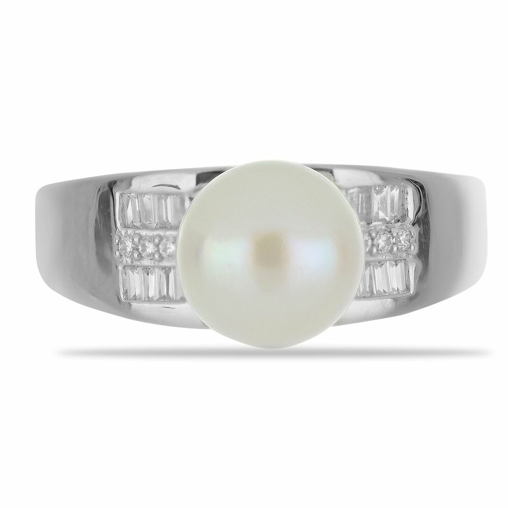 Кольцо, серебро, 925 проба, родирование, жемчуг, фианит