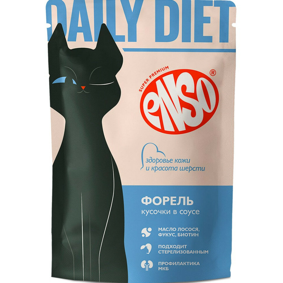 Влажный корм для кошек ENSO DAILY DIET для поддержания здоровья кожи и красоты шерсти, с форелью 85 г х 24 шт