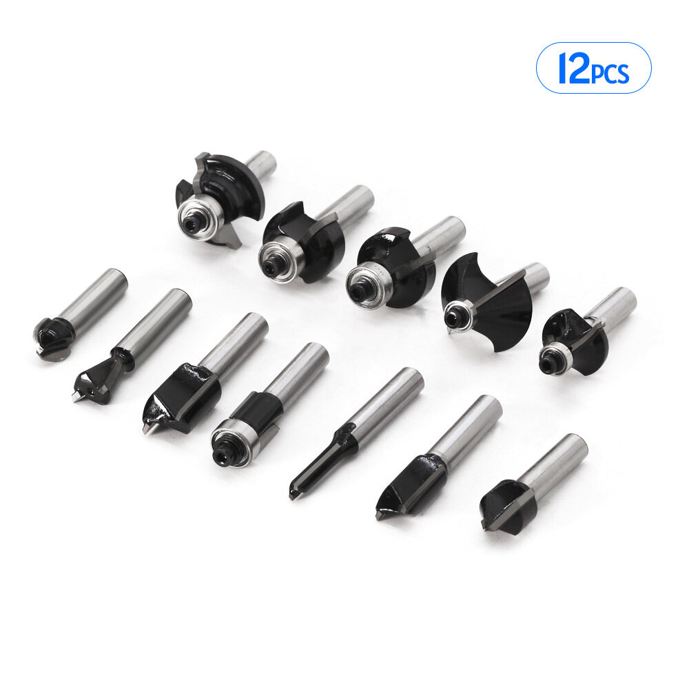 Набор из 12 твердосплавных прямых фрез с хвостовиком 8 мм для древесины