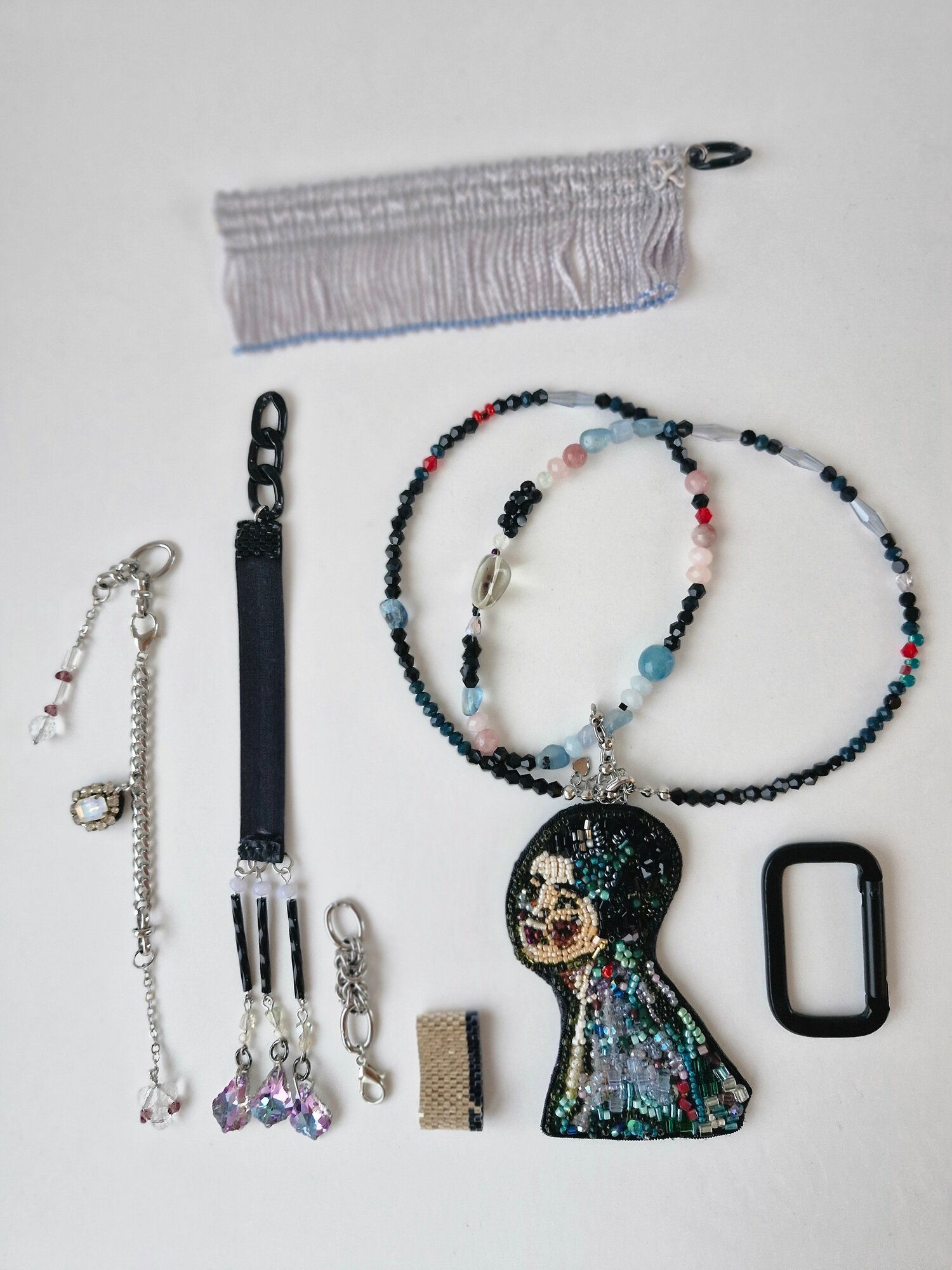 Колье, празиолит, аметист, опал, аквамарин