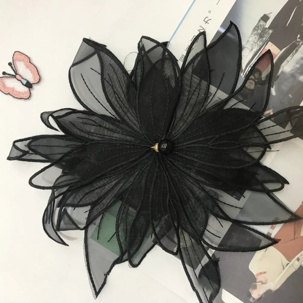 Черная тканевая аппликация-цветок 25cm-C