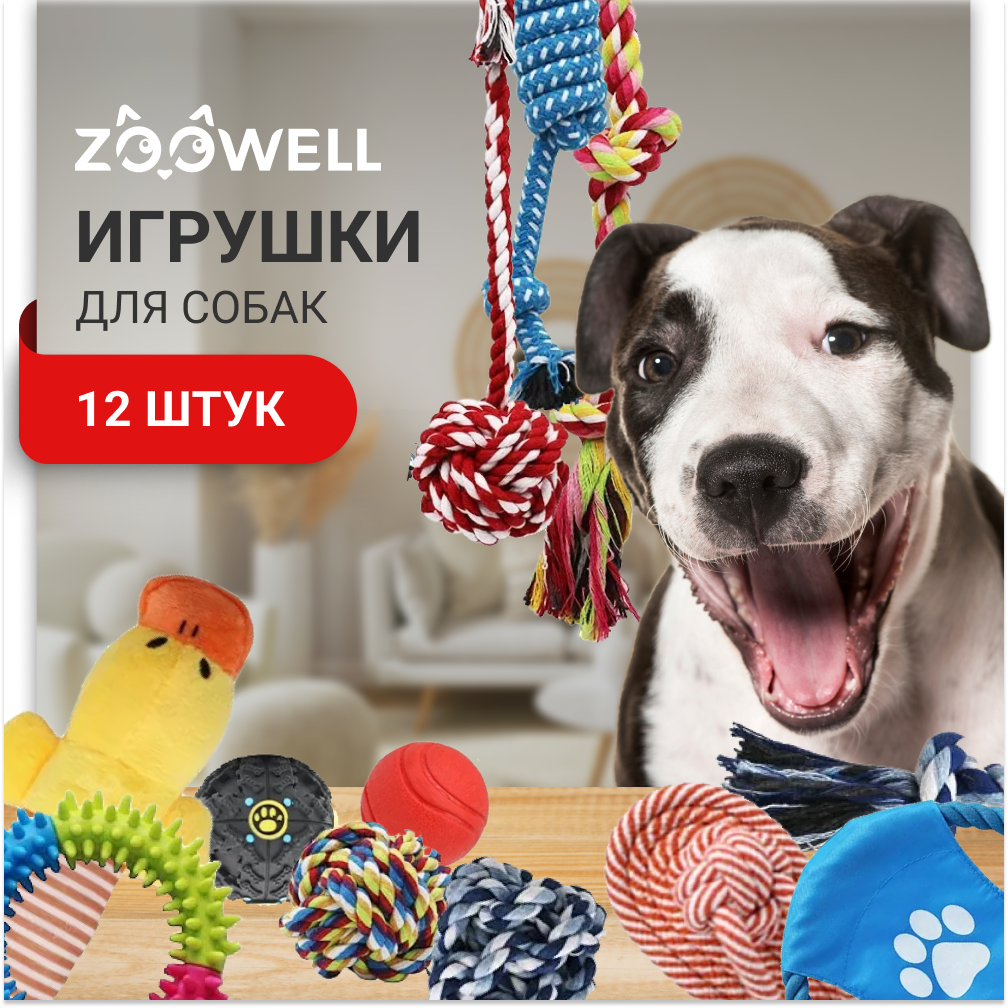 Набор игрушек для собак и щенков мелких, средних и крупных пород ZooWell, 12 шт