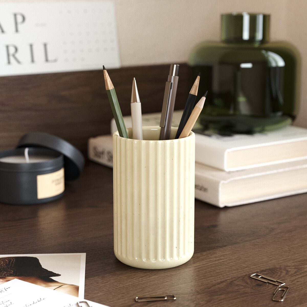 Стакан канцелярский, органайзер для ручек и карандашей Chloe Slim, 7x7x11 см, кремовый глянцевый