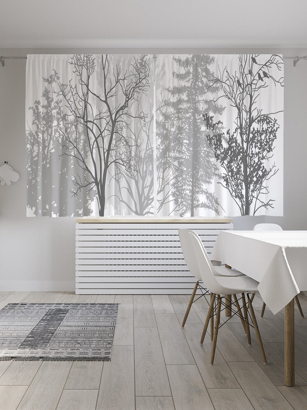 Фотошторы короткие "Монохромный ряд деревьев", 2 полотна шириной по 145 см, высота 180 см, JoyArty