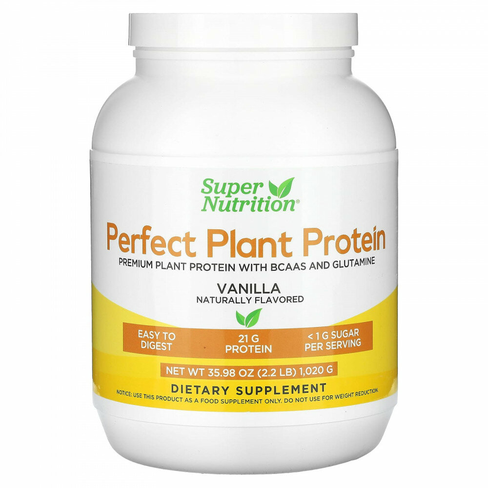 Super Nutrition, Perfect Plant Protein с изолятом горохового протеина, аминокислотами с разветвленной цепью, семенами клюквы, семенами чиа и семенами сача инчи, со вкусом ванили, 1020 г (2,2 фунта)