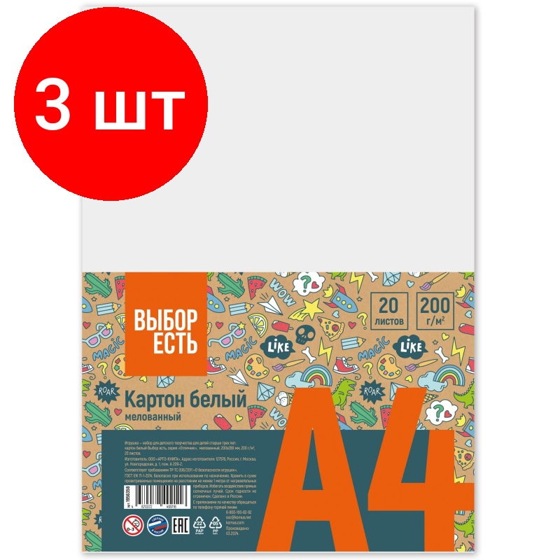 Комплект 3 штук, Картон белый Выбор есть Отличник 20л А4 мелован. пакет