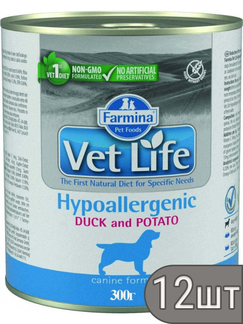 Farmina Набор 12 шт Vet Life консервы для собак гипоаллергеник утка с картофелем (паштет)? 300г 3.6 кг
