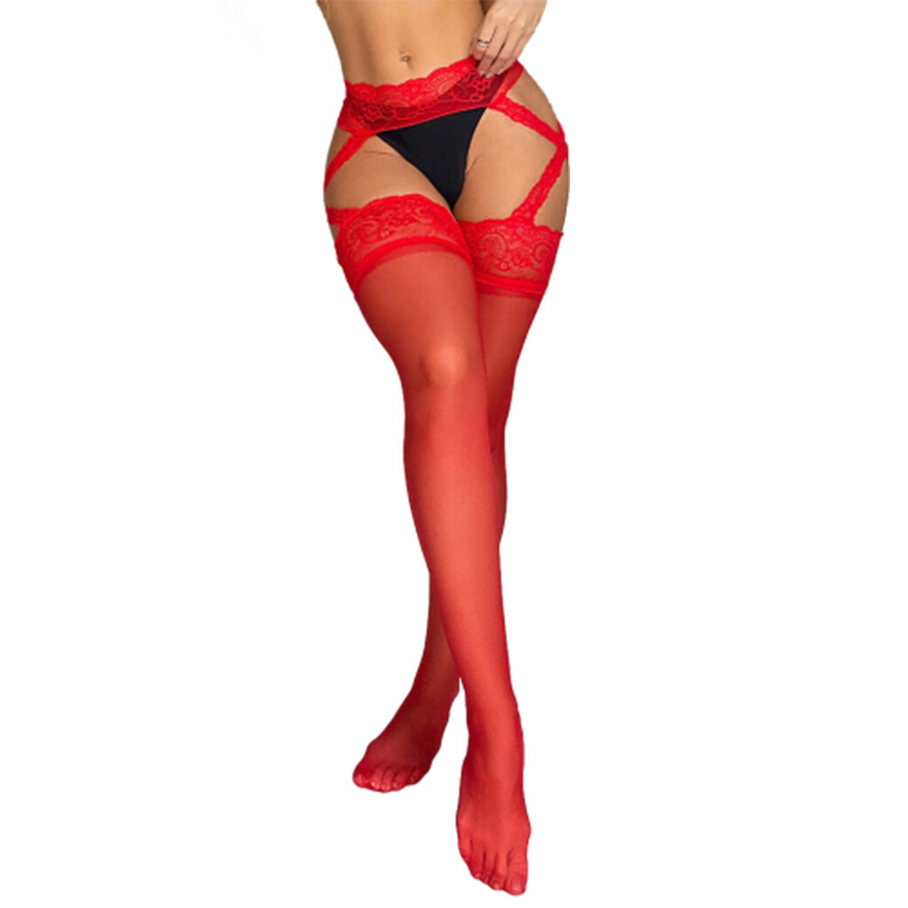 Кружевные чулки с подвязками-красный