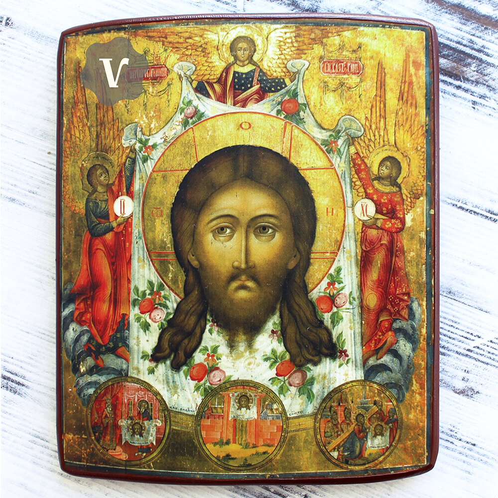 Православная Икона Спас Нерукотворный, деревянная иконная доска, левкас, ручная работа(Art.1082М)