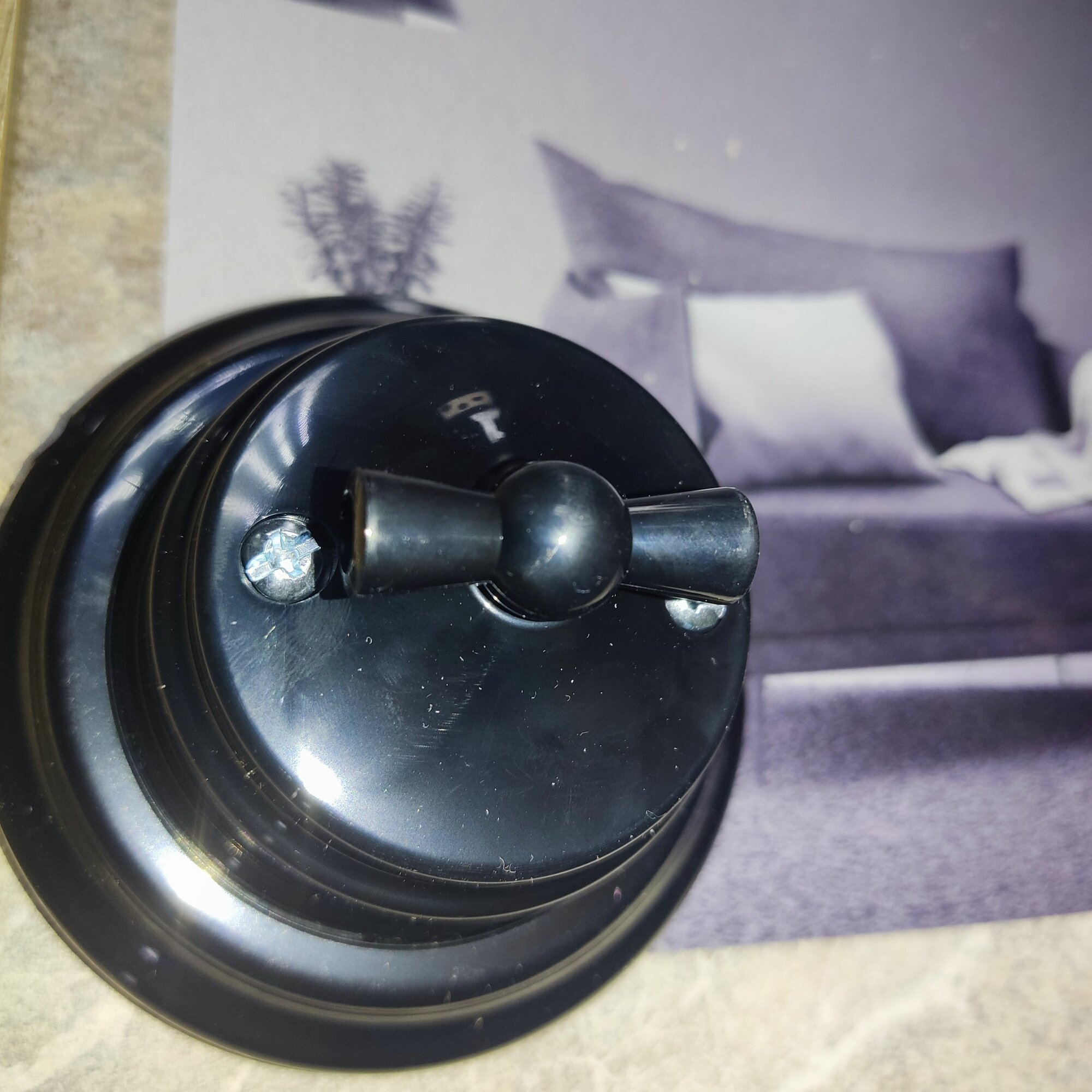 Выключатель 2-клавишный поворотный открытой установки Ретро с рамкой, цвет черный