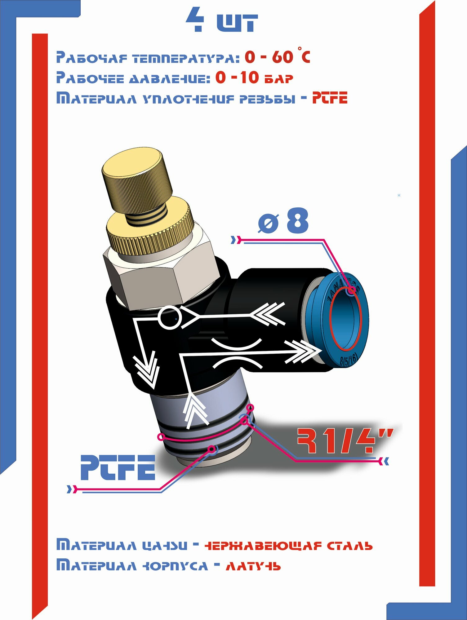 Дроссель пневматический 1/4, 8мм, 4шт с обратным клапаном. Регулятор расхода воздуха, цанговый.